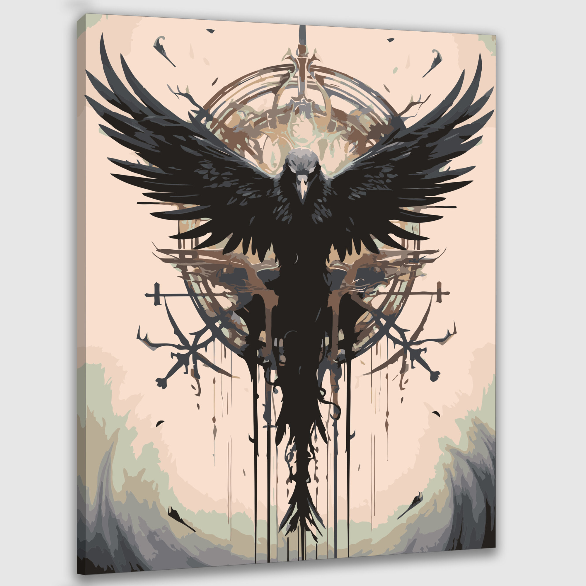 Картина по номерам 40x50 см, картина, иллюстрация, тушь, мистический дух, ворон, перья, узоры, символы