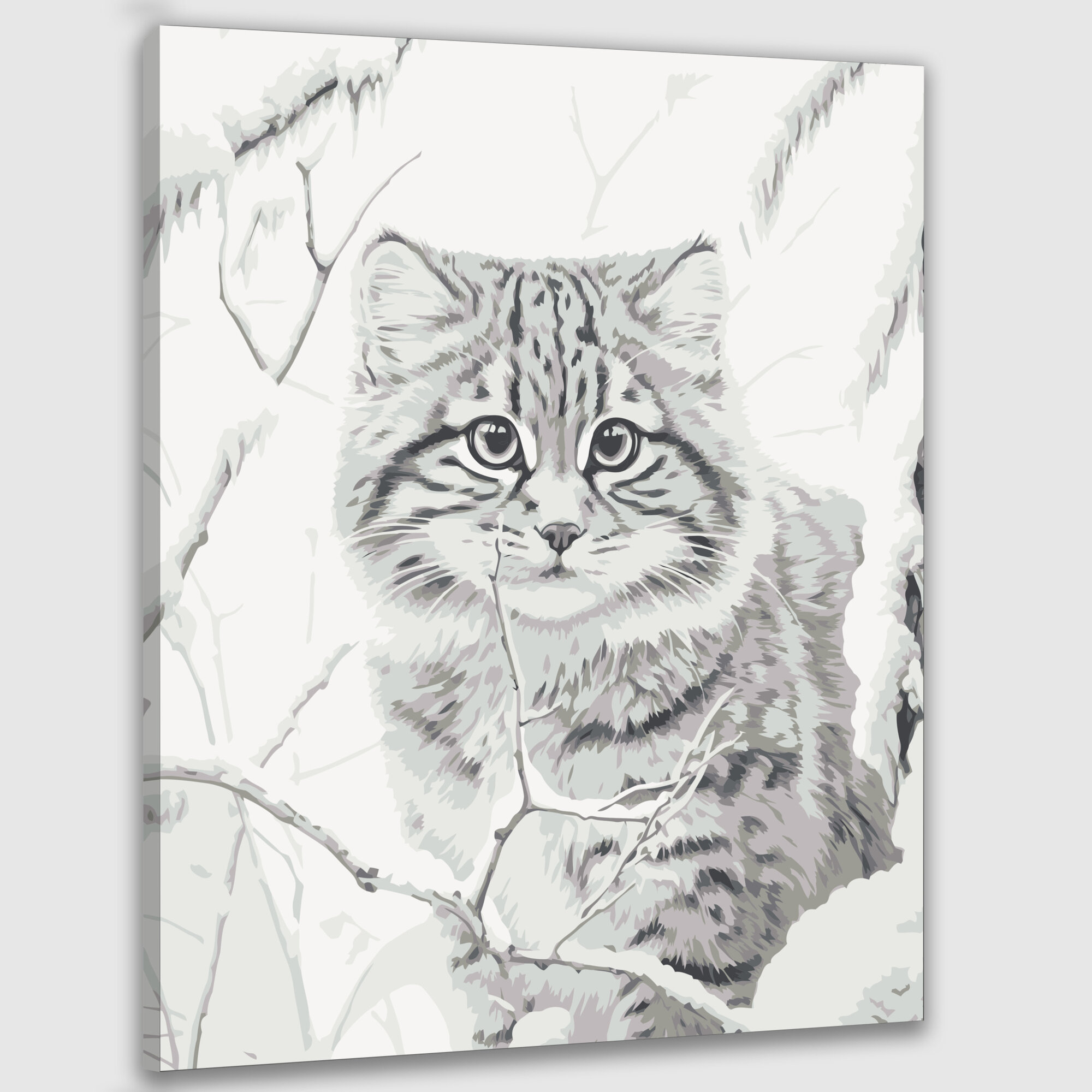 Картина по номерам 40x50 см, манул, зимний лес, карандашный рисунок, мех, выражение лица, монохромная композиция