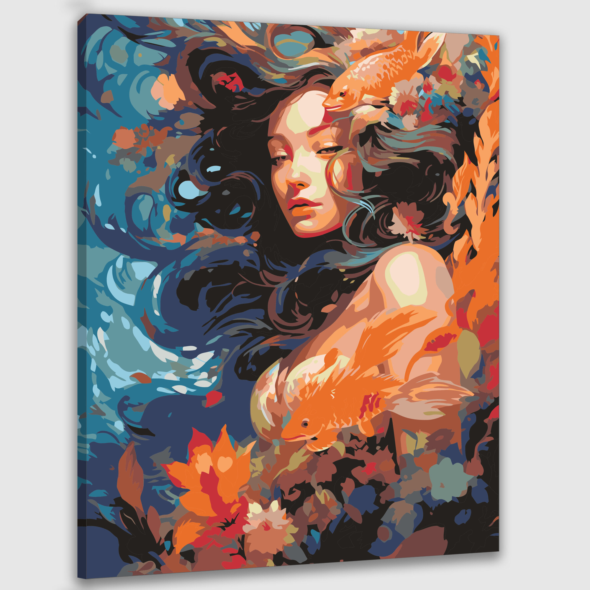 Картина по номерам 40x50 см, русалка, океан, глубины, волосы, хвост, коралловые рифы, морские существа, бирюзовый цвет