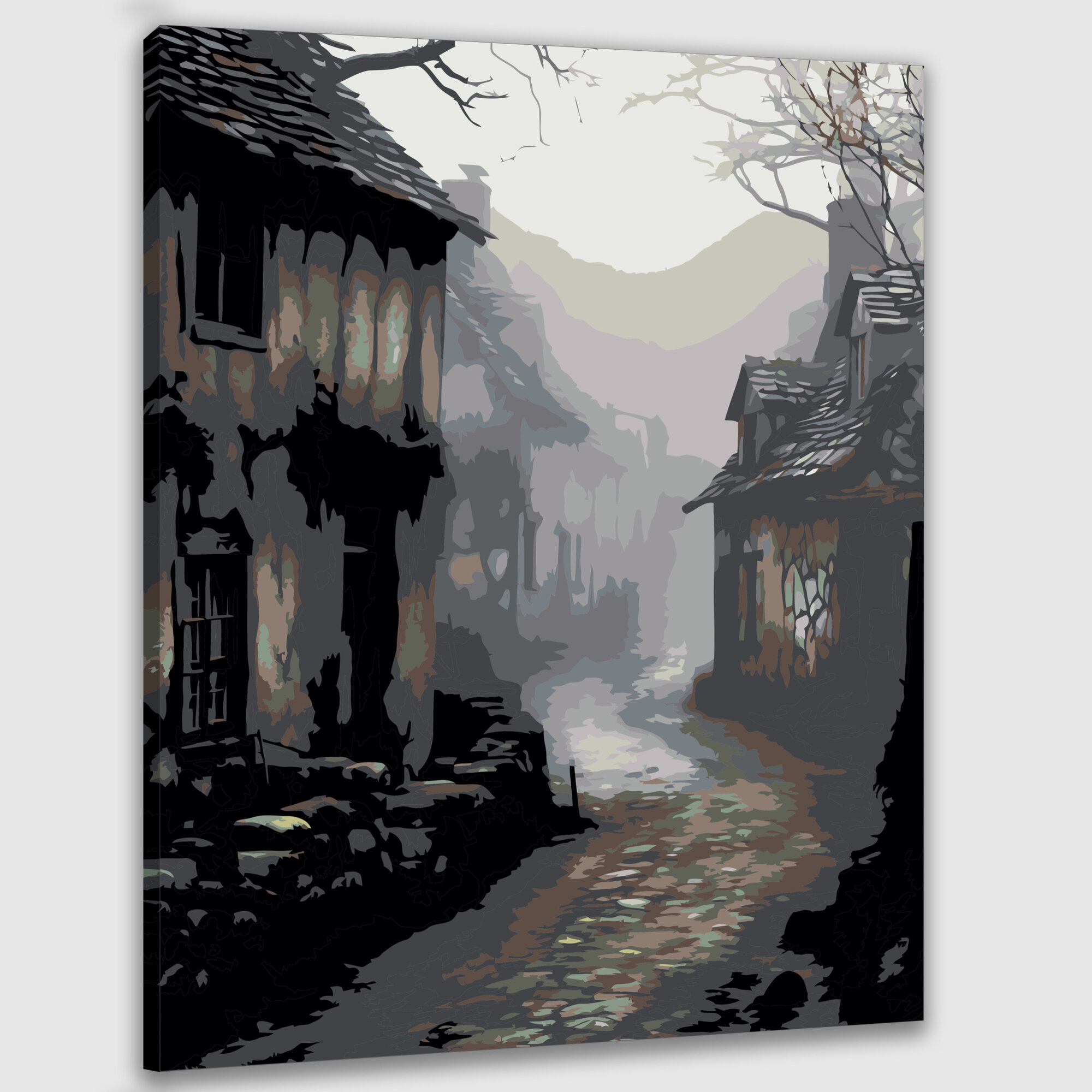 Картина по номерам 40x50 см, фотография, деревня, туман, монохромная, цветовая гамма, жуткая атмосфера, атмосферность