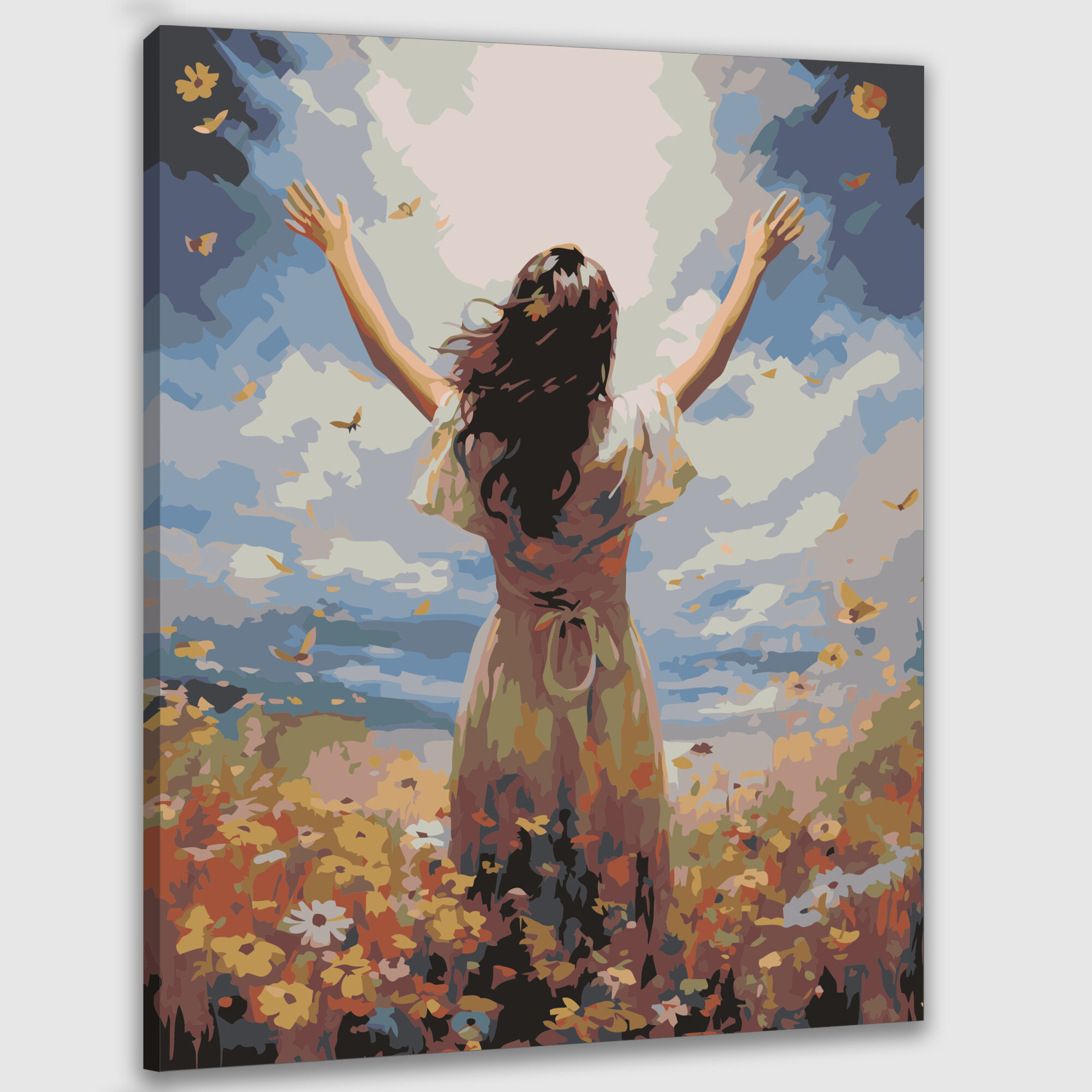 Картина по номерам 40x50 см, картина маслом, девушка, спина, руки, небеса, поле, цветы, лепестки, кисть, художник
