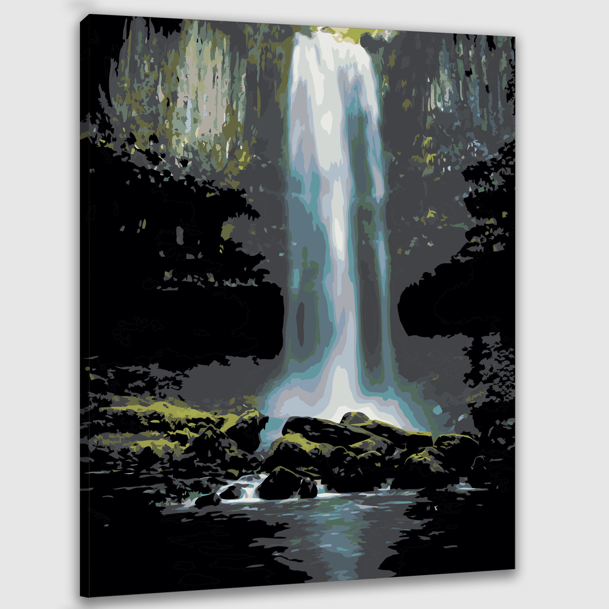 Картина по номерам 40x50 см, водопад, утес, бассейн, сила, движение, композиция, зелень, скалистый, освещение, красота