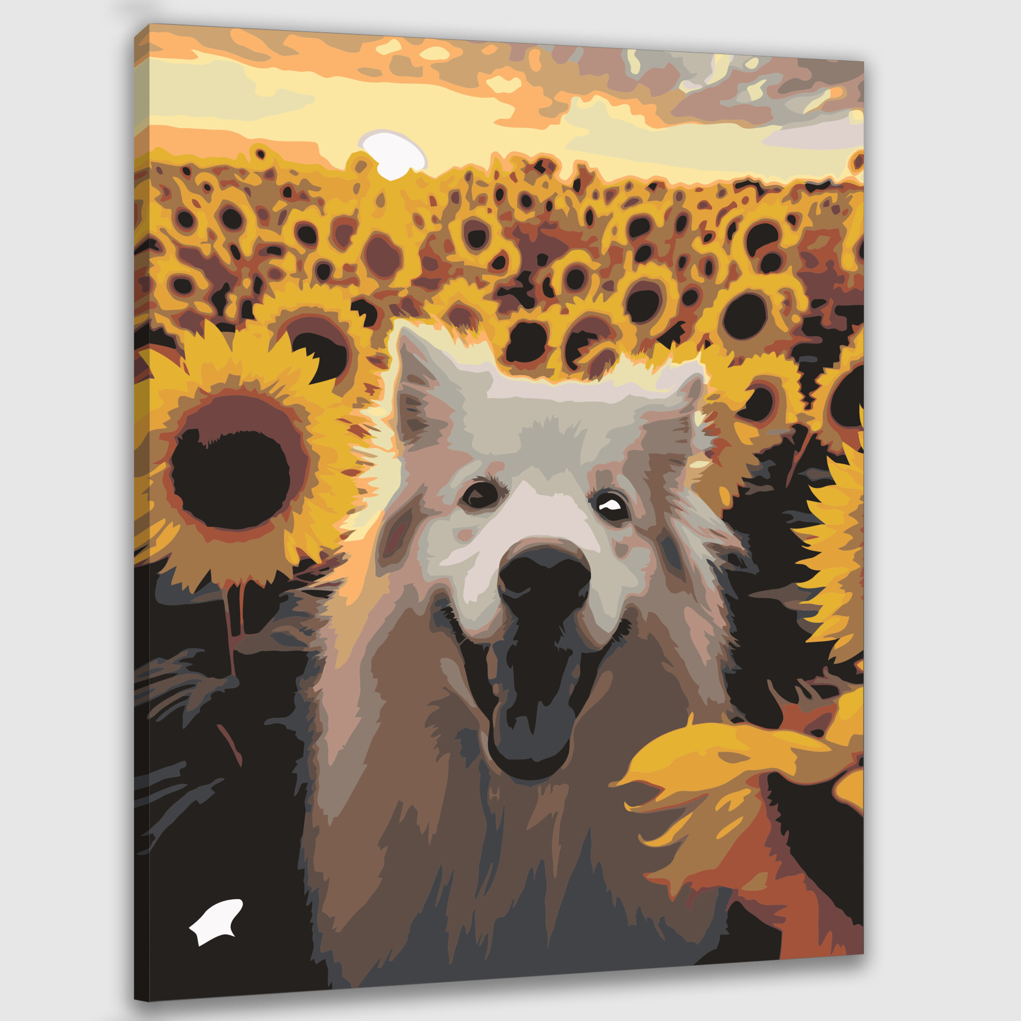 Картина по номерам 40x50 см, собака, поле, подсолнухи, фотография, ярко-желтые лепестки, контраст, шерсть, исследование