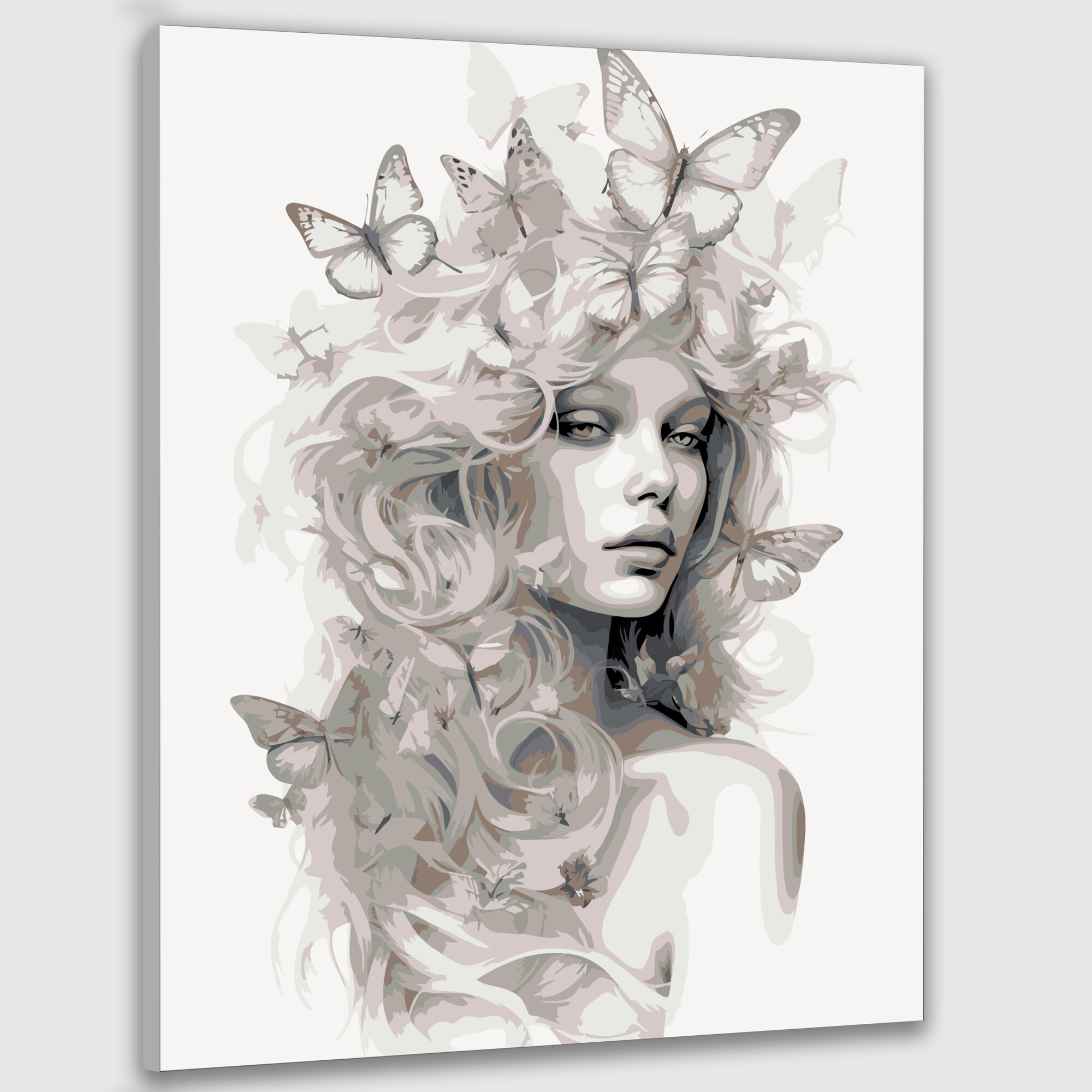 Картина по номерам 40x50 см, фея, карандашный набросок, бабочки, волосы, крылышки, причудливость, глубина, текстура