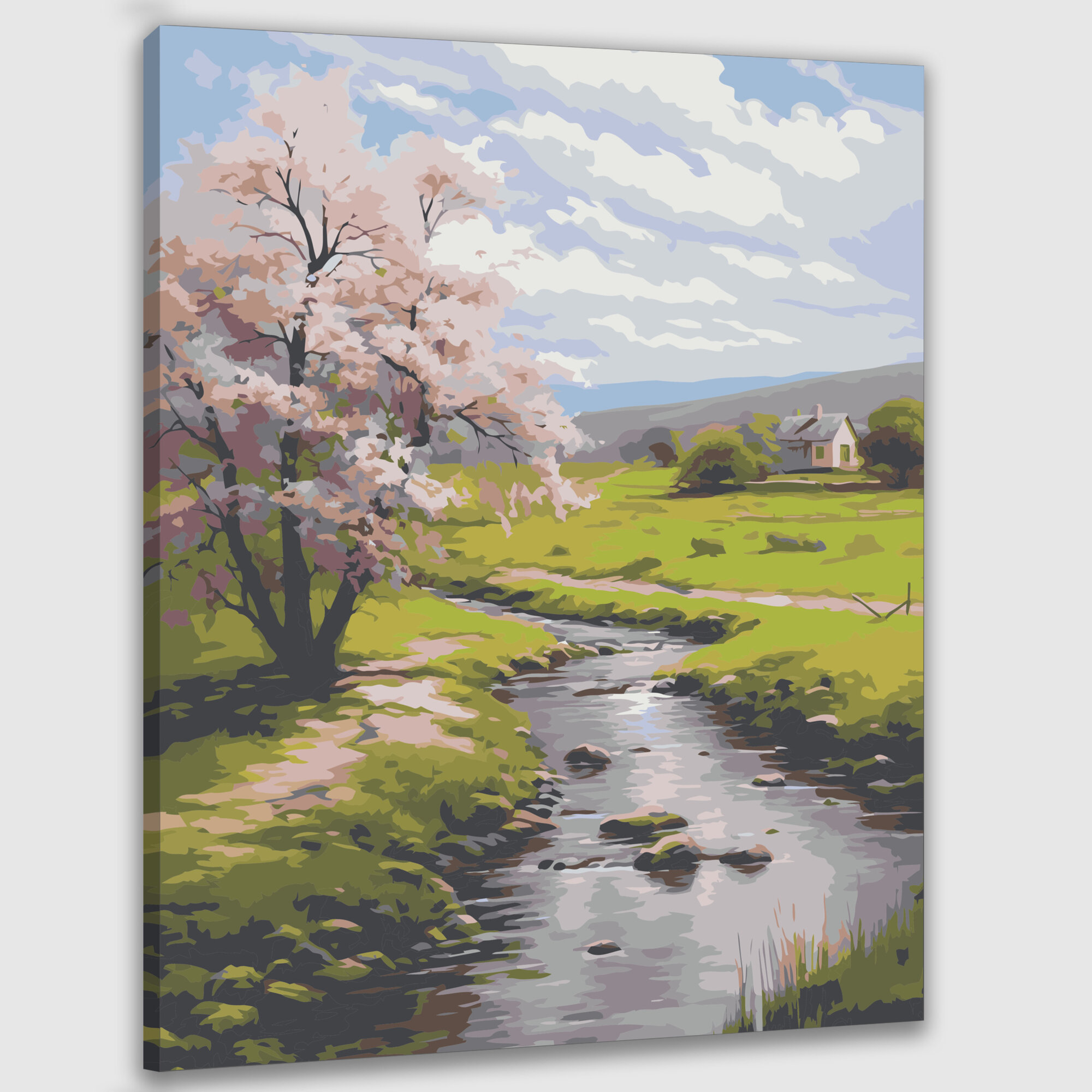 Картина по номерам 40x50 см, картина, масло, весеннее утро, пастельные оттенки, сельская местность, зеленые холмы