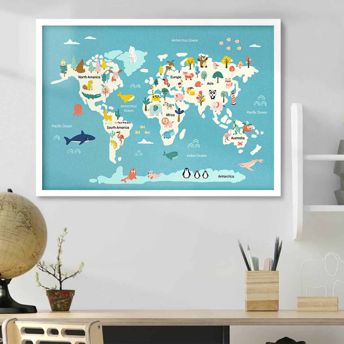 Постер "Карта мира с животными для детской" в белой рамке 40x50 см для интерьера на стену
