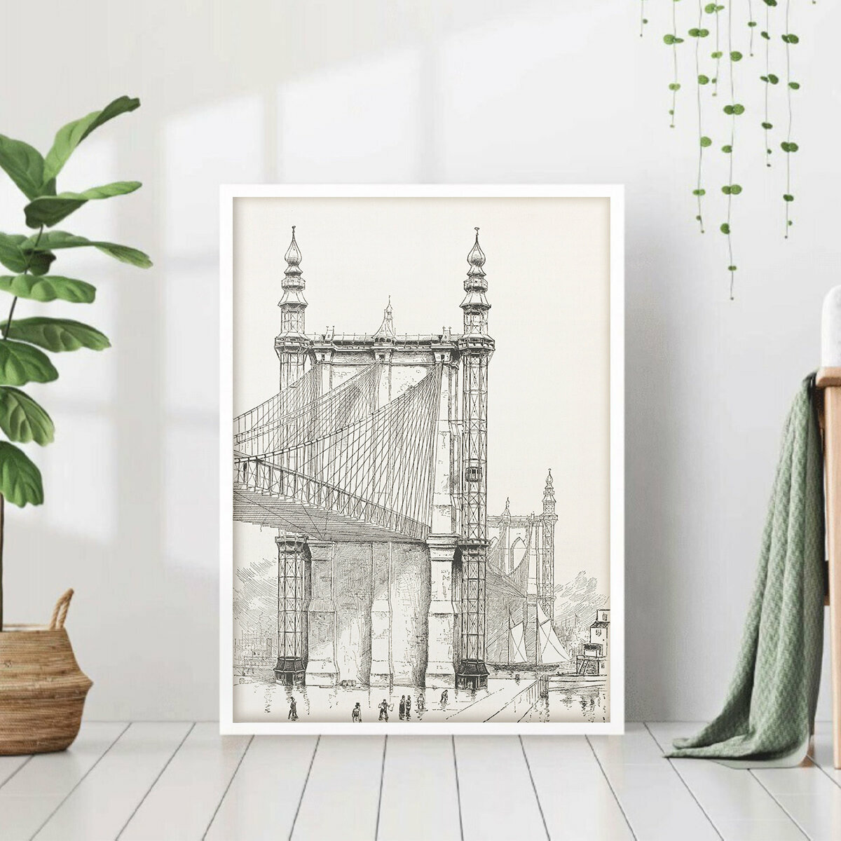Постер "Бруклинский мост ретро иллюстрация" в белой рамке 40x50 см для интерьера на стену