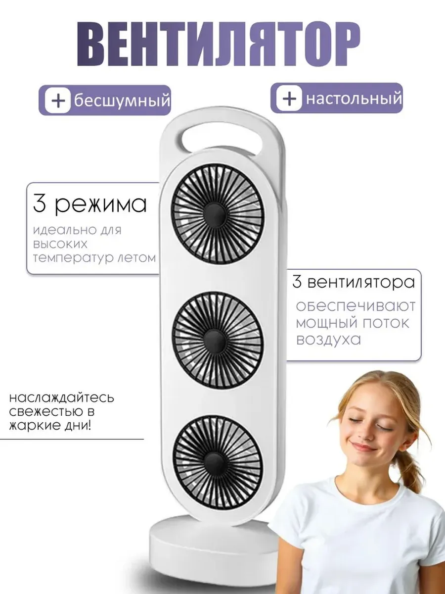 Вентилятор настольный, мощный , бесшумный, портативный с тройной турбиной, возможностью зарядки через USB