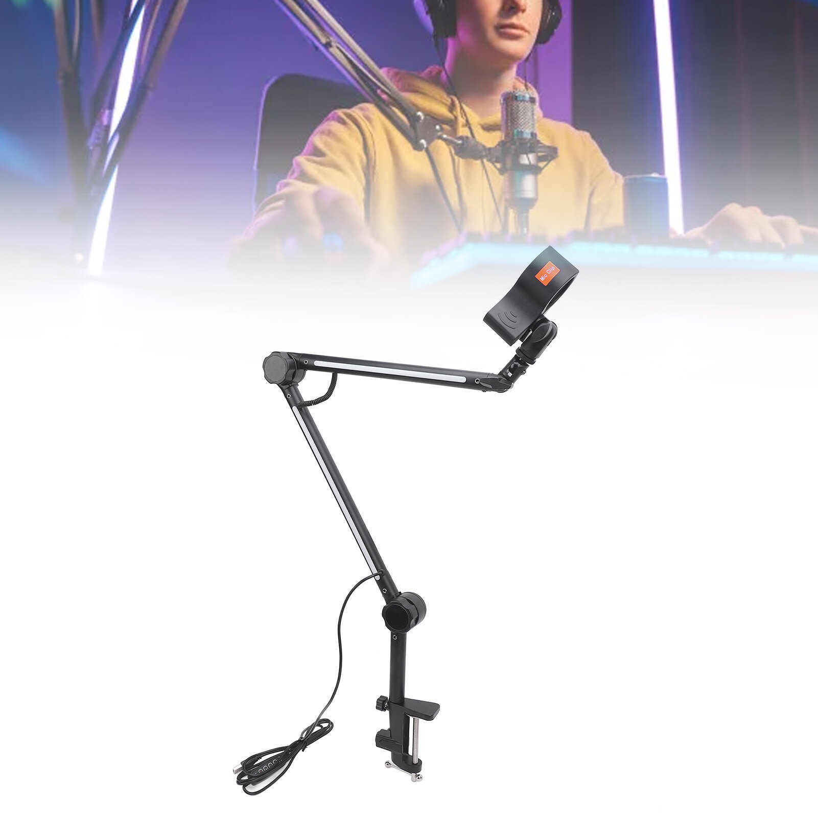 Металлический микрофонный стенд с 22 режимами RGB подсветки, 180° регулировка, для подкастинга