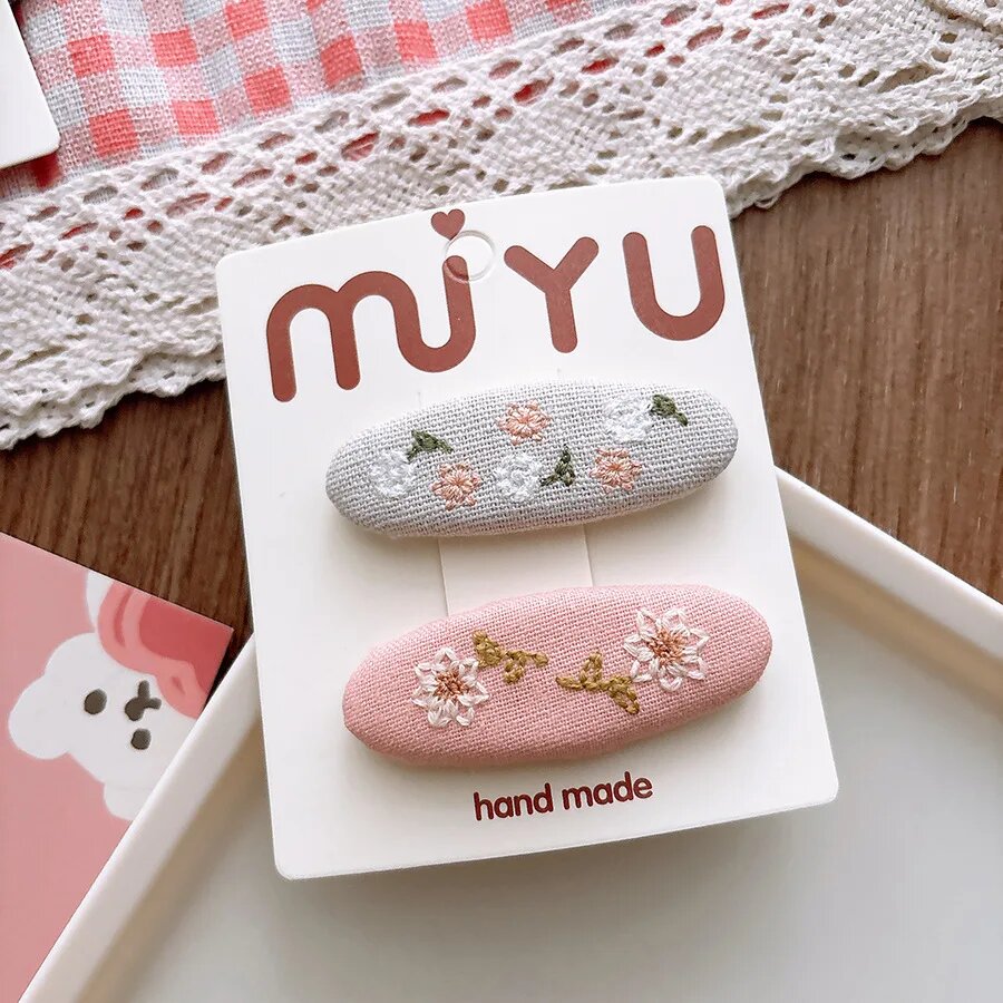 Корейские тканевые заколки MIYU с вышивкой, цвет 3-Ash powder floral