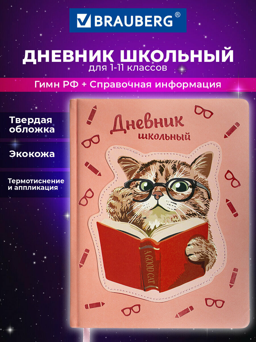 Дневник 1-11 класс 48л, обложка кожзам (твердая), тиснение, аппликация, BRAUBERG, Smart Cat, 106206