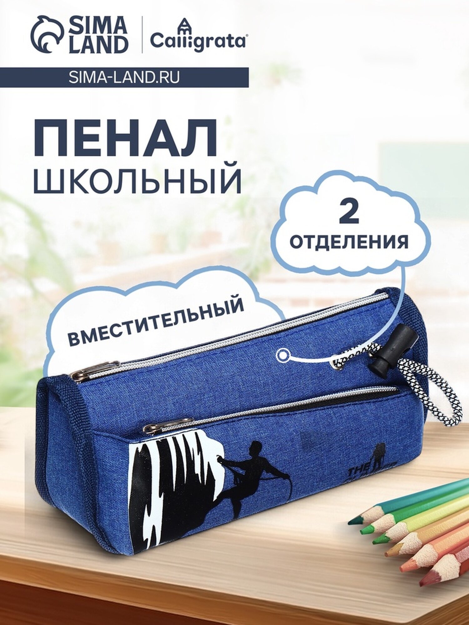 Пенал школьный на молнии Calligrata "Спорт", 2 отделения, синий