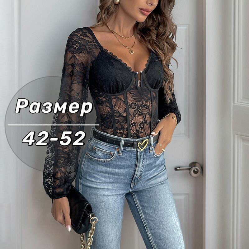 Женский боди 2025 с V-образным вырезом и кружевной вставкой сексуальное облегающее боди в однотонном дизайне Размер 42-52