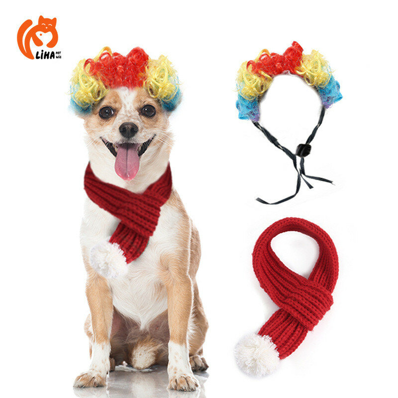 Festive knitted christmas scarf for pets featuring colorful cartoonish wig design for dogs