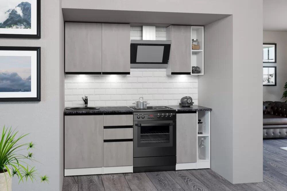 Кухонный гарнитур Герда Сюита медиум 1400 мм, каркас ЛДСП, фасад ЛДСП, Белый/Бетон светлый