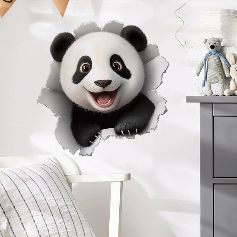 Наклейки на стену с милыми пандами, 3D-наклейки с животными и эффектом разрыва, самоклеящиеся настенные рисунки для детской комнаты, детской комнаты, спальни, игровой комнаты, забавное украшение на стену с мультяшными персонажами