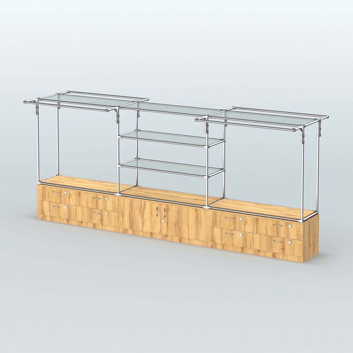 Островная торговая система хром 3600 мм с тумбами Т14, Т21 и поручнями №4, Дуб Золотистый