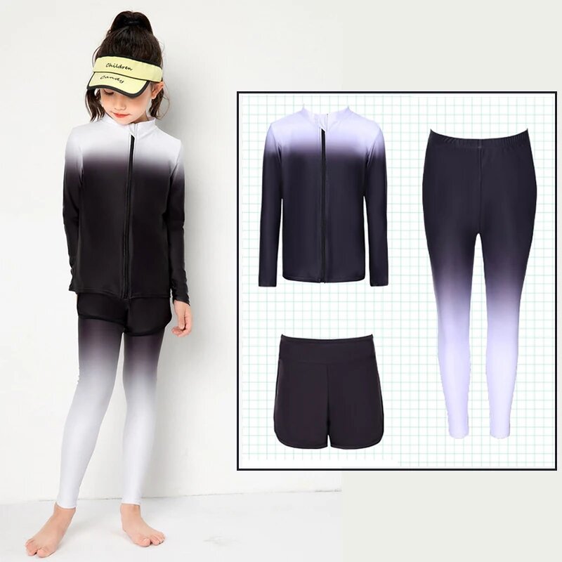 Купальники из трех предметов для девочек и мальчиков, детский солнцезащитный костюм с длинными рукавами, комплекты купальных костюмов, купальный костюм, рубашка на молнии всего тела + леггинсы, M, Унисекс