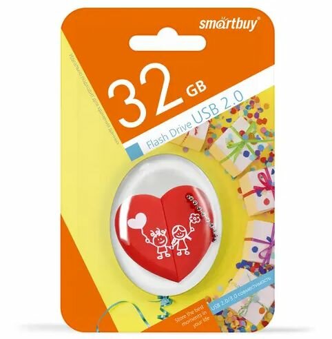 Память USB Flash 32 ГБ Smartbuy Wild Series "Сердце" (SB32GBHeart) - USB 2.0, до 20 Мбайт/сек, монолит с колпачком, резина