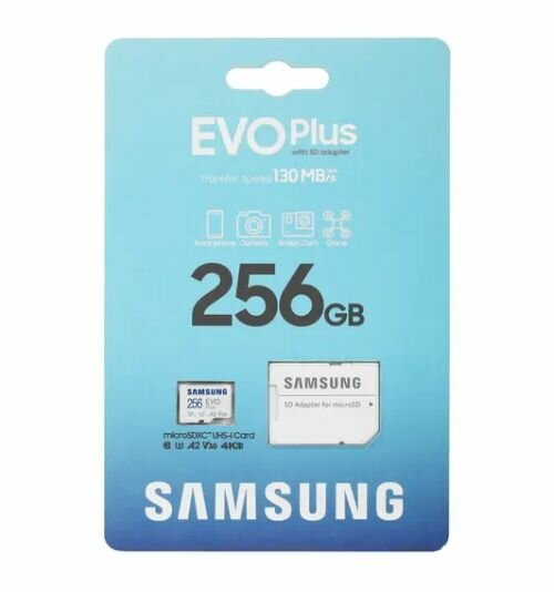 Карта памяти Samsung EVO Plus microSDXC 256 ГБ (MB-MC256KA/KR) - A2, UHS Class 3, Video Class 30, запись - 130 Мбайт/сек, чтение - 130 Мбайт/сек