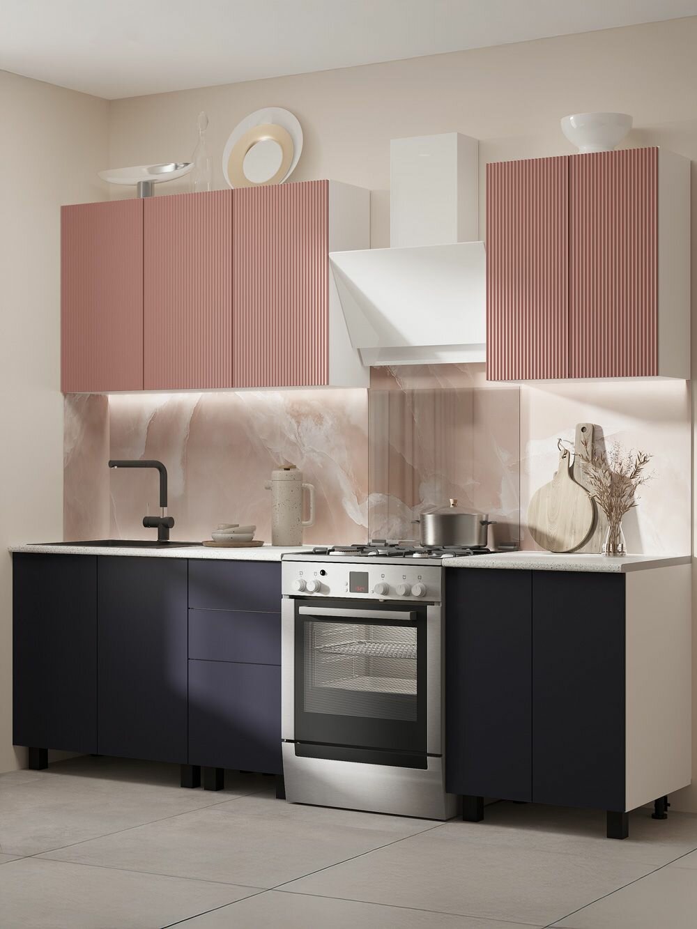 Кухонный гарнитур Шарли 1.8 м, мебель для дома и кухни, Белый / Шарли Пинк / Темно-синий нубук / столешница Антарес