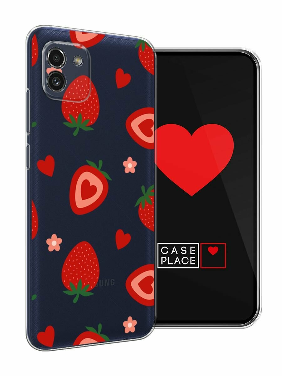 Чехол на Samsung Galaxy A03 / Самсунг Галакси А03 с принтом "Heart strawberries 2 - 14 февраля", прозрачный — фото 1