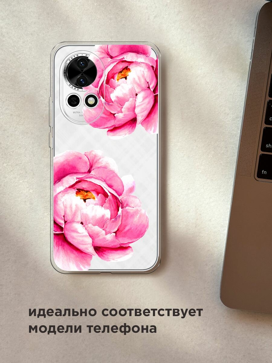 Чехол на Huawei Nova 12/Nova13 / Хуавей Нова 12/Нова 13 с принтом "Open peonies", прозрачный — фото 1