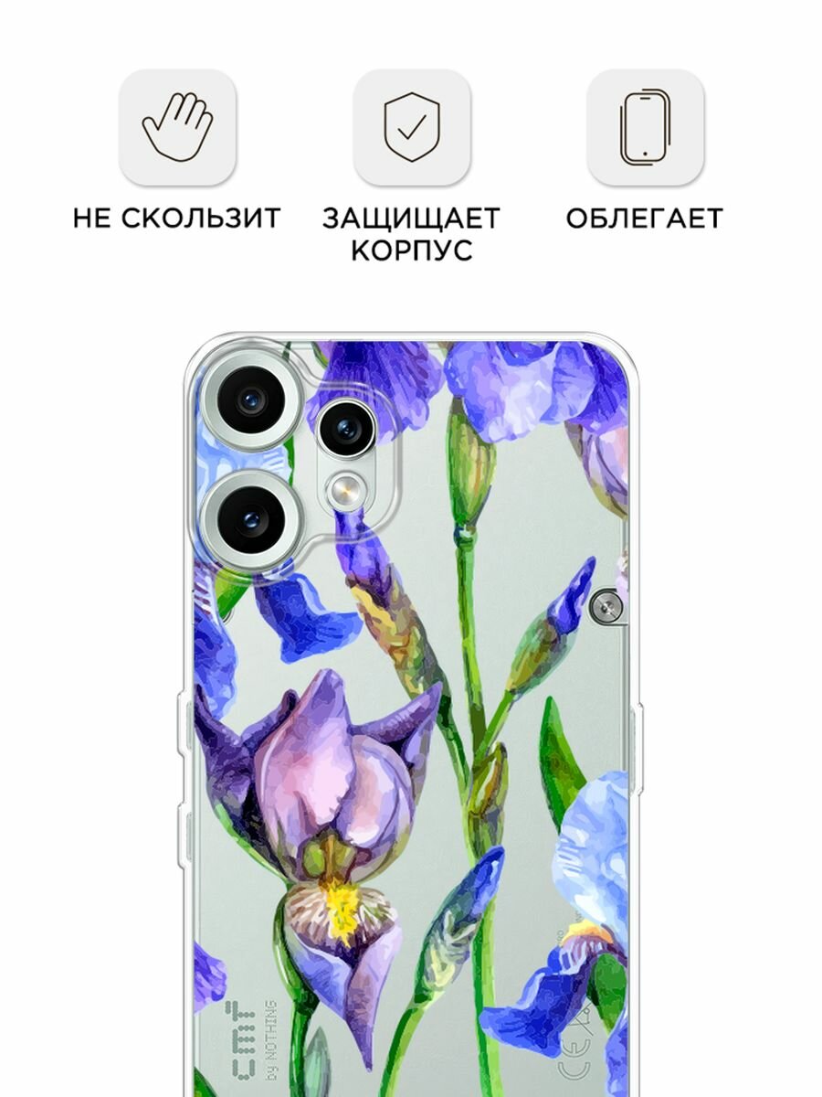 Чехол на CMF Phone 2 Pro / CMF Фон 2 Про с принтом "Синие ирисы", прозрачный — фото 1