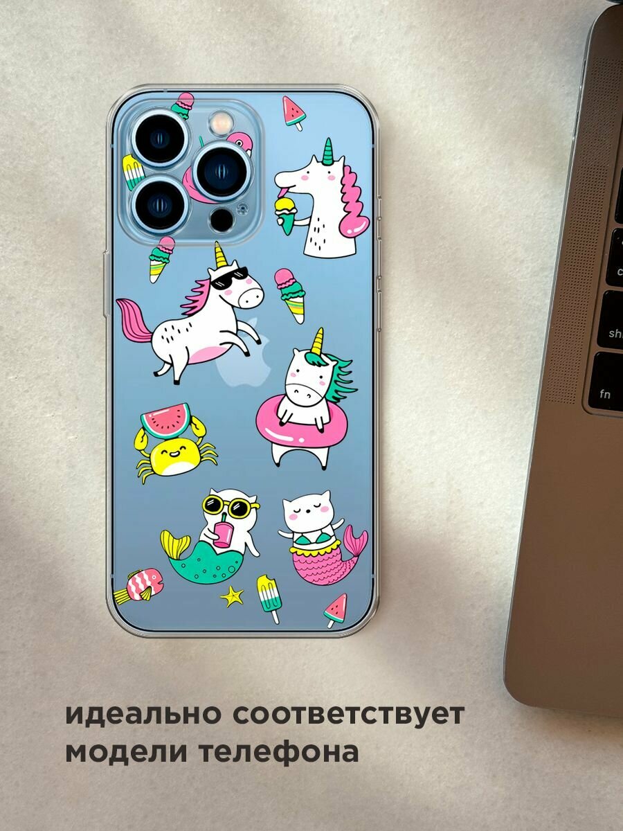Чехол на Apple iPhone 13 Pro / Айфон 13 Про с принтом "Единороги в отпуске", прозрачный — фото 1