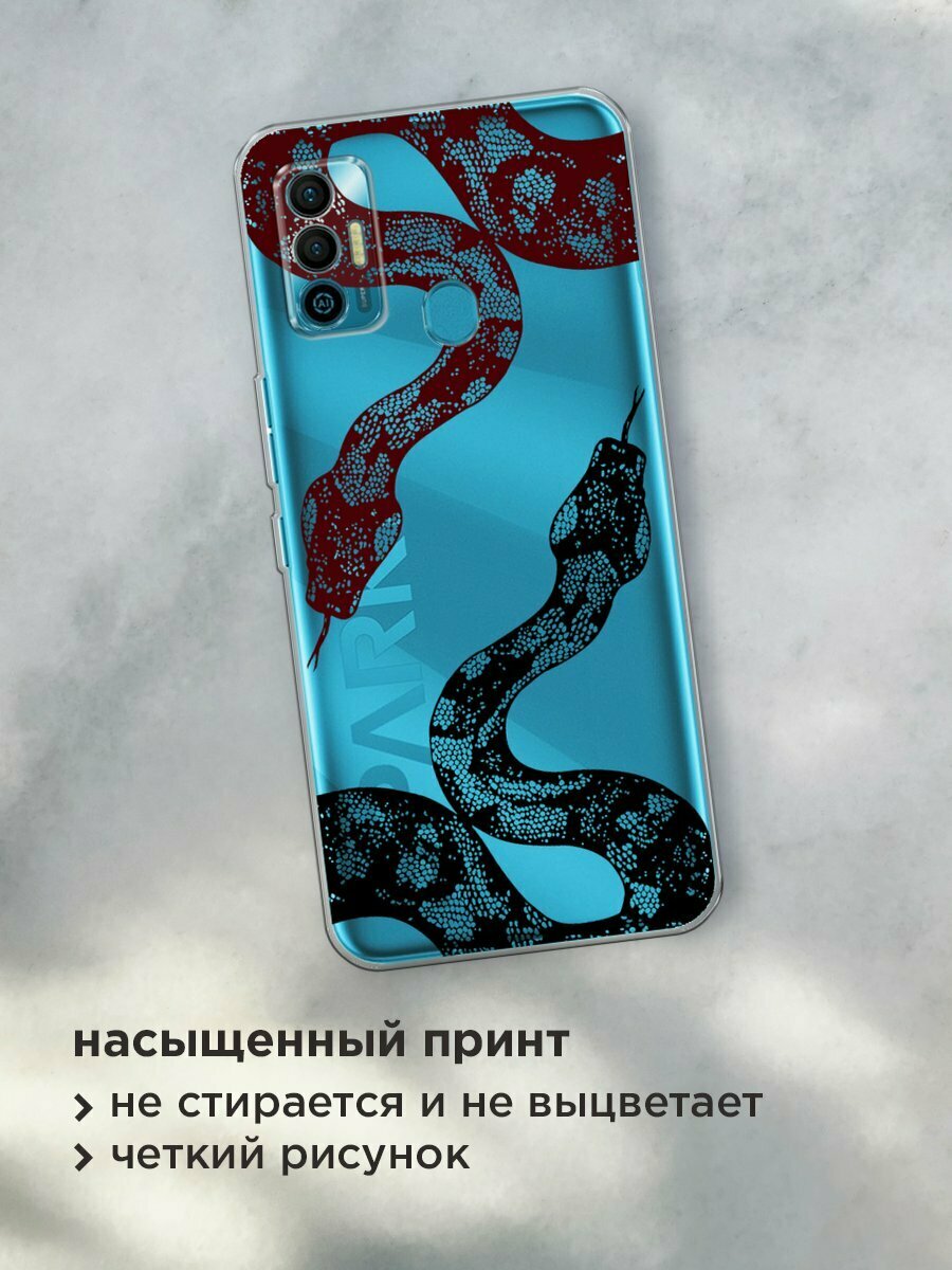 Чехол на Tecno Spark 7 / Техно Спарк 7 с принтом "Силуэты змей 2", прозрачный — фото 1