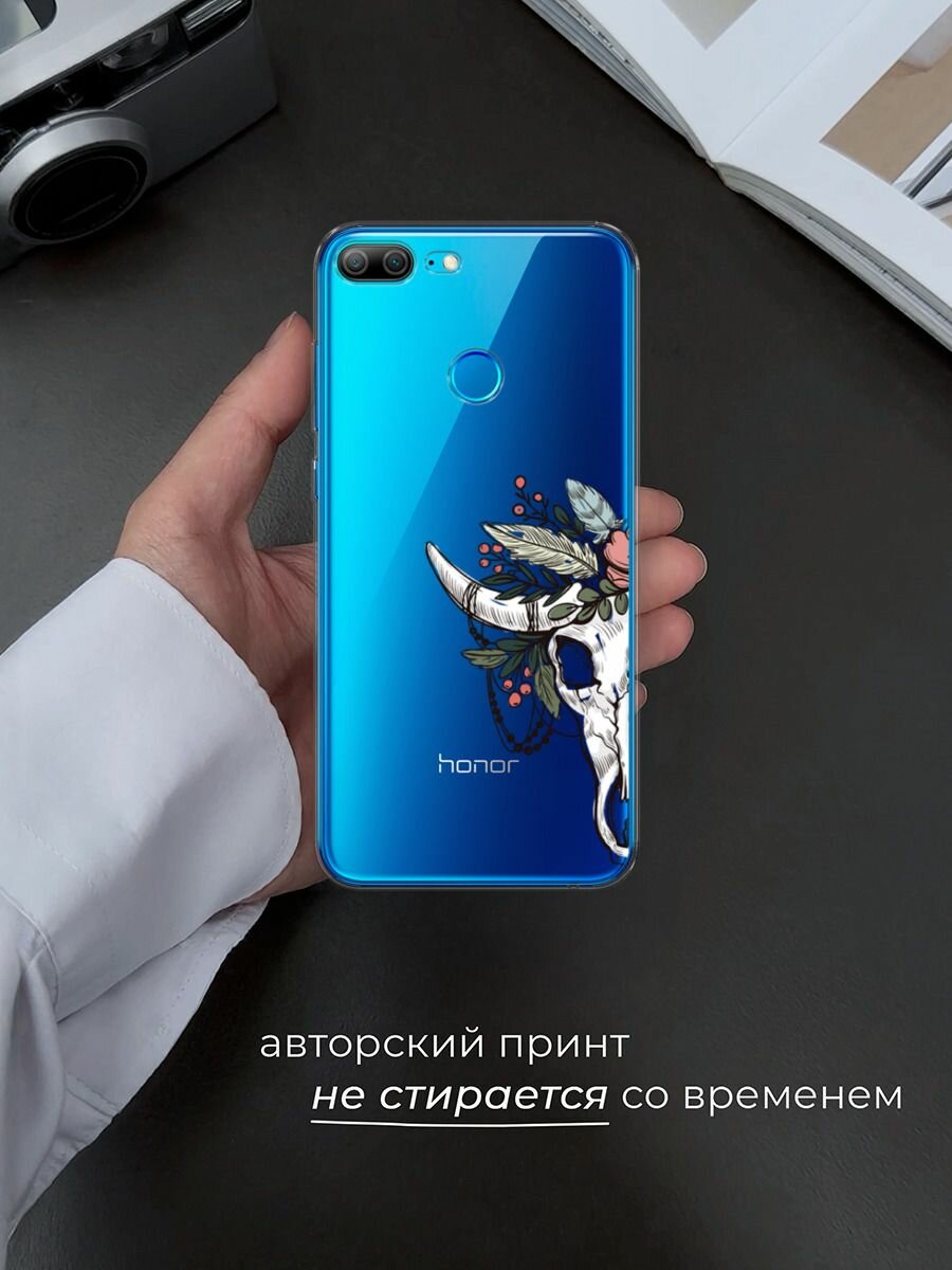 Чехол на Honor 9 Lite / Хонор 9 Лайт с принтом "Череп быка с цветами", прозрачный — фото 1