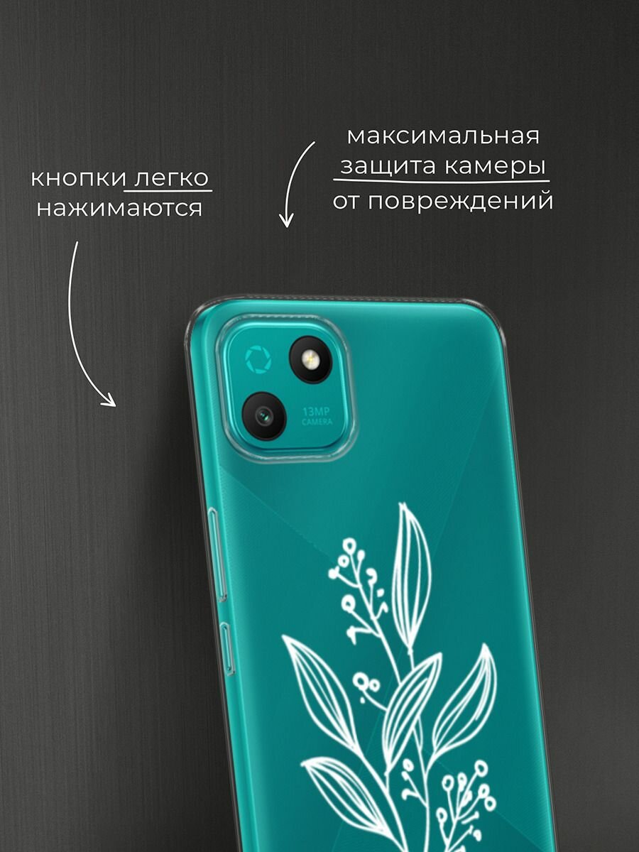 Чехол на Wiko T10 / Вико Т10 с принтом "Ветка с листочками и цветами", прозрачный — фото 1