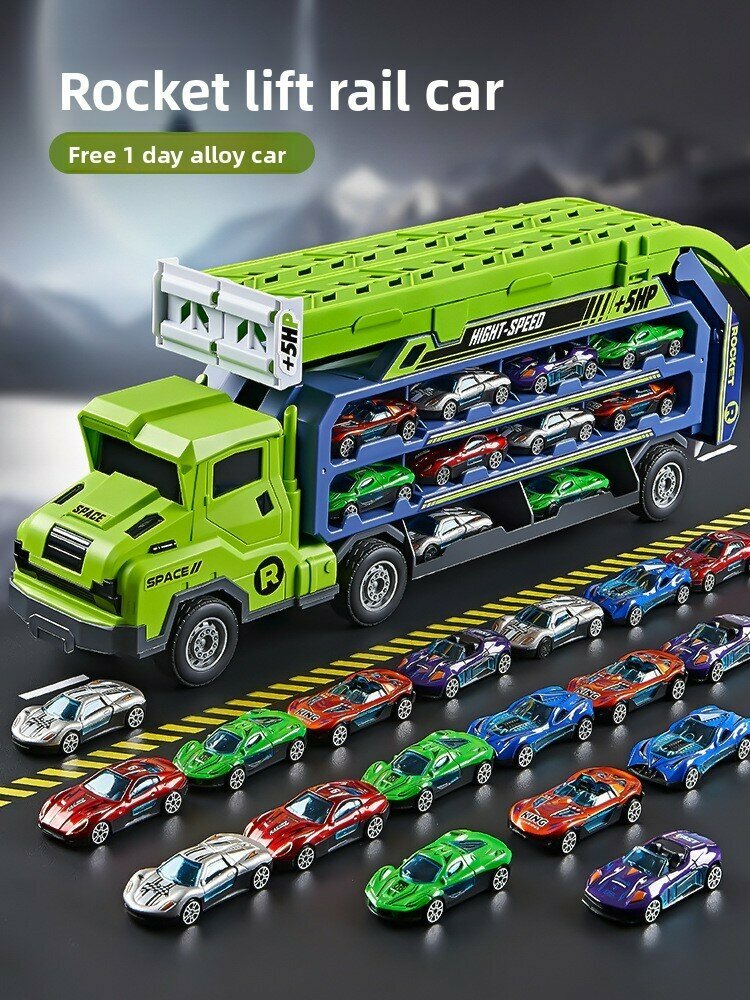 Dinosaur rocket track car set with alloy vehicles for kids playroom fun