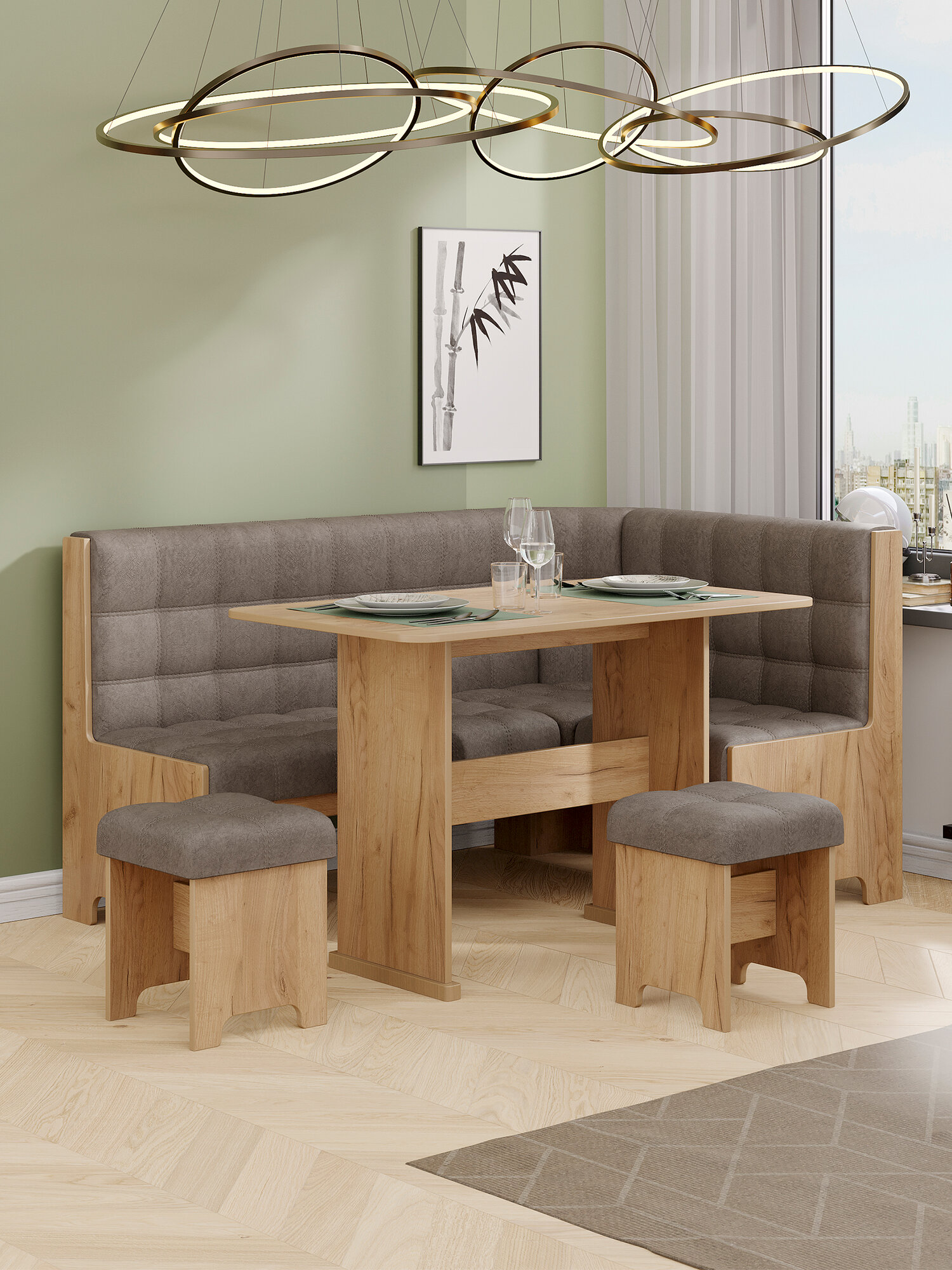 Кухонный уголок Флорида (Дуб крафт золотой/Микровелюр Wellmart Latte)