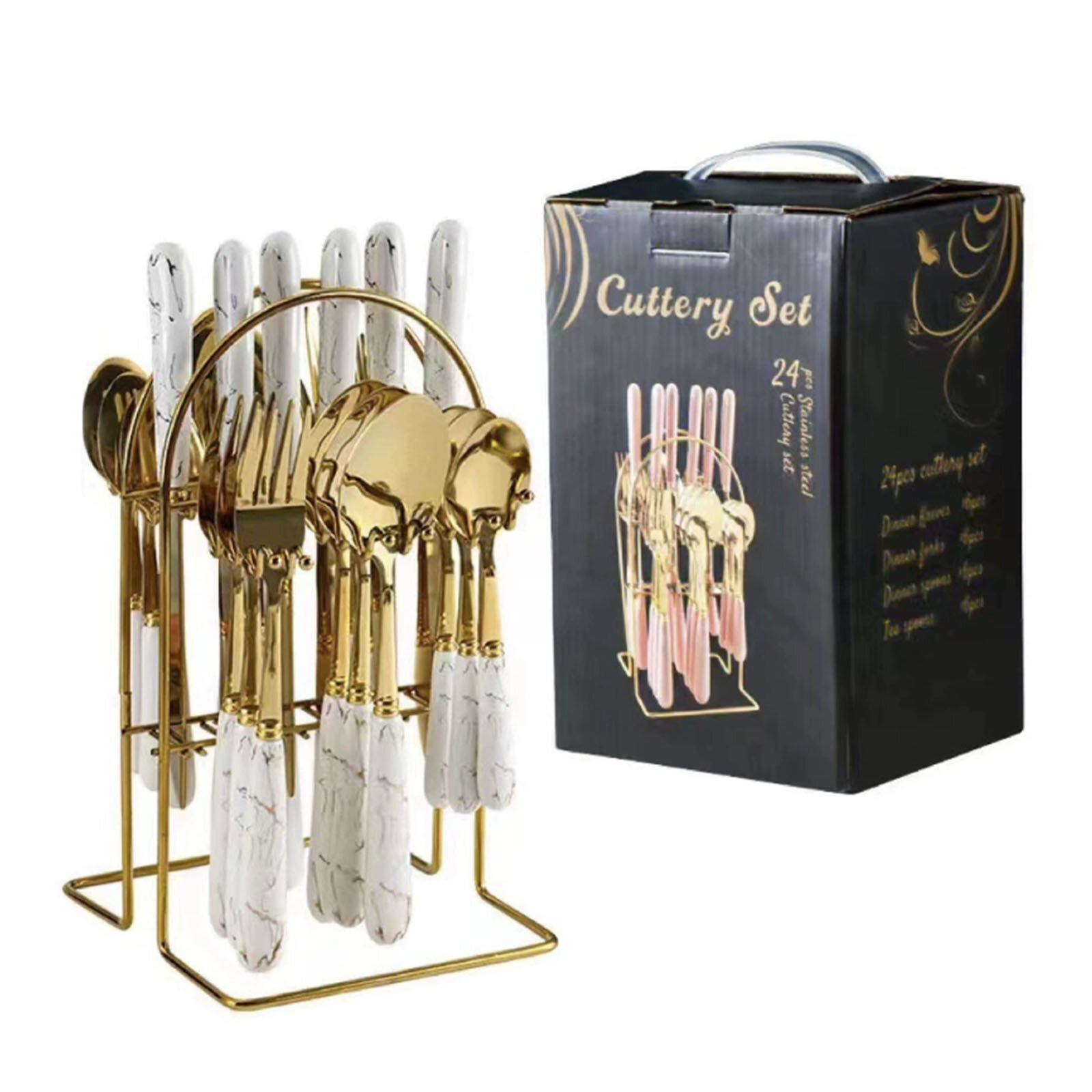24PC CUTLERY Ужинный набор из нержавеющей стали металльный станд река вилки Чайные ложки полирование