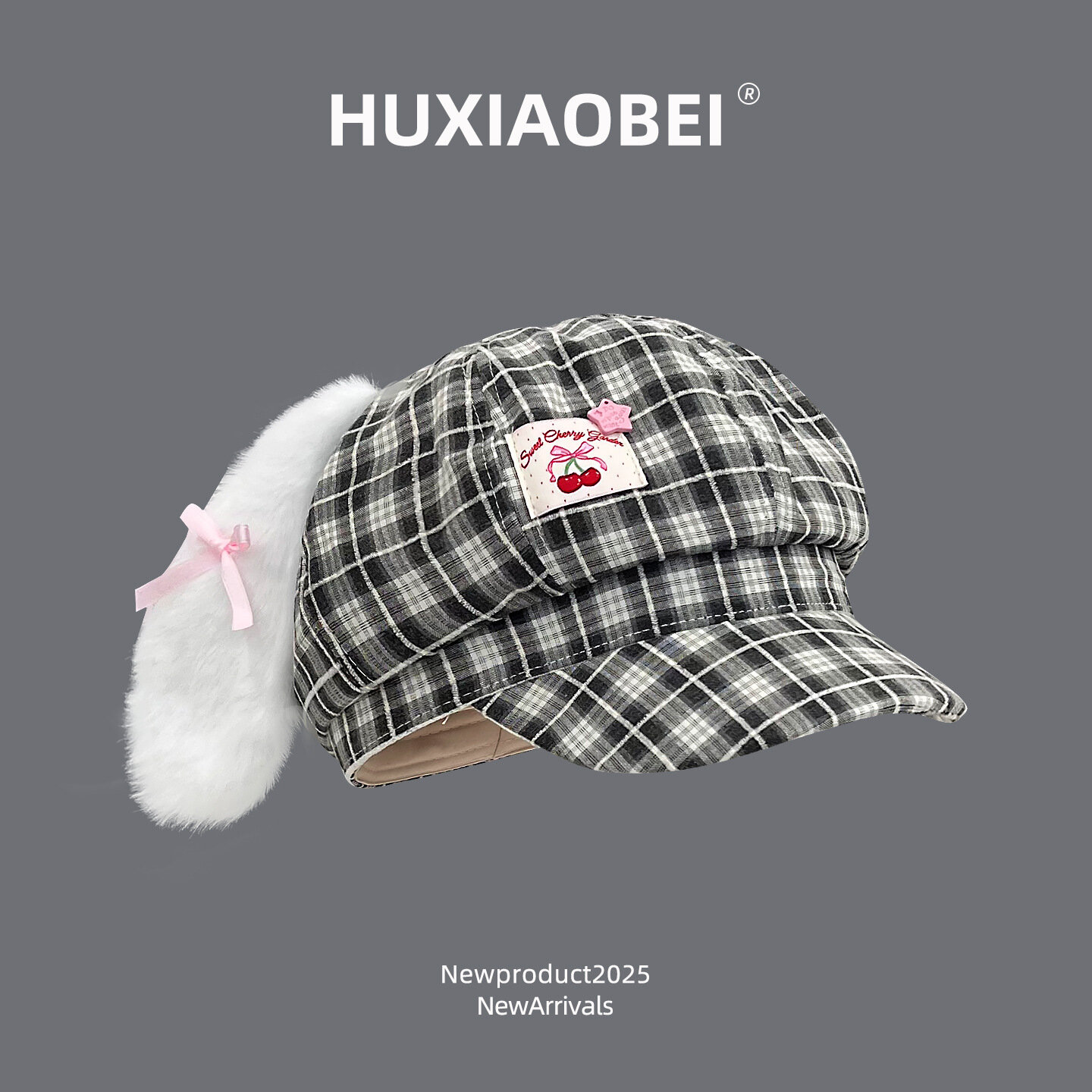 Новая милая плюшевая восьмиугольная шляпа в клетку с бантиком и заячьими ушками для женщин, универсальный весенне-летний солнцезащитный берет для путешествий, трендовый тренд