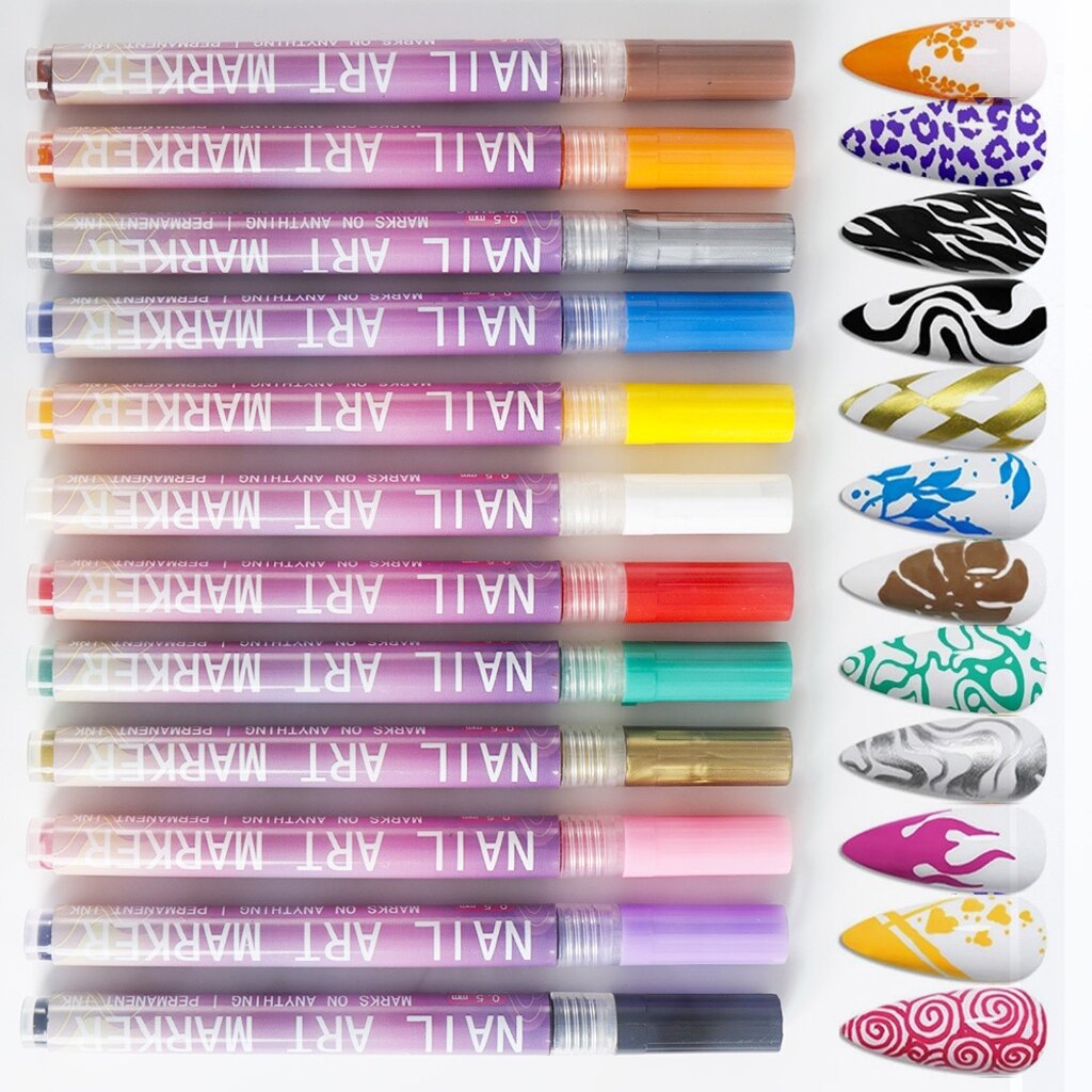 12 Piece Nail Design Marker Set Vibrant Colors Fine Tip Quick Dry Portable Nail Art Tools For Creative Designs