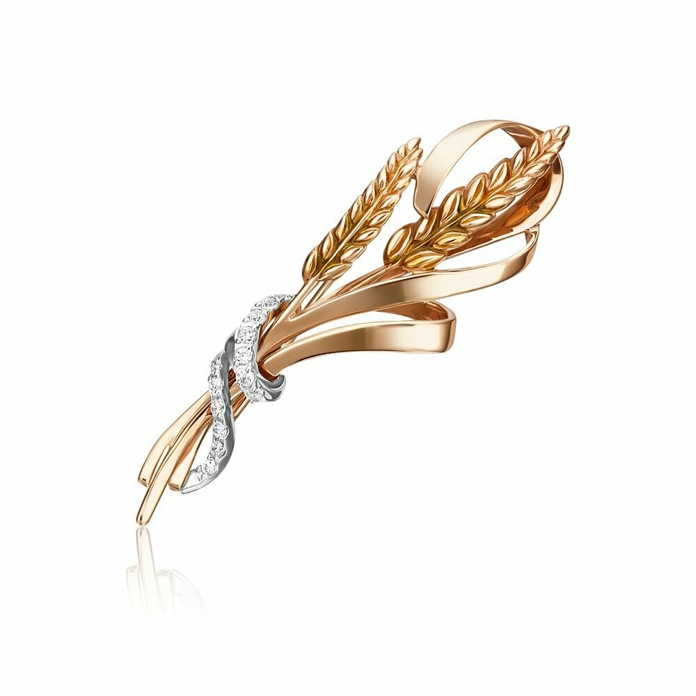 Брошь, комбинированное золото, 585 проба, родирование, фианит, эмаль