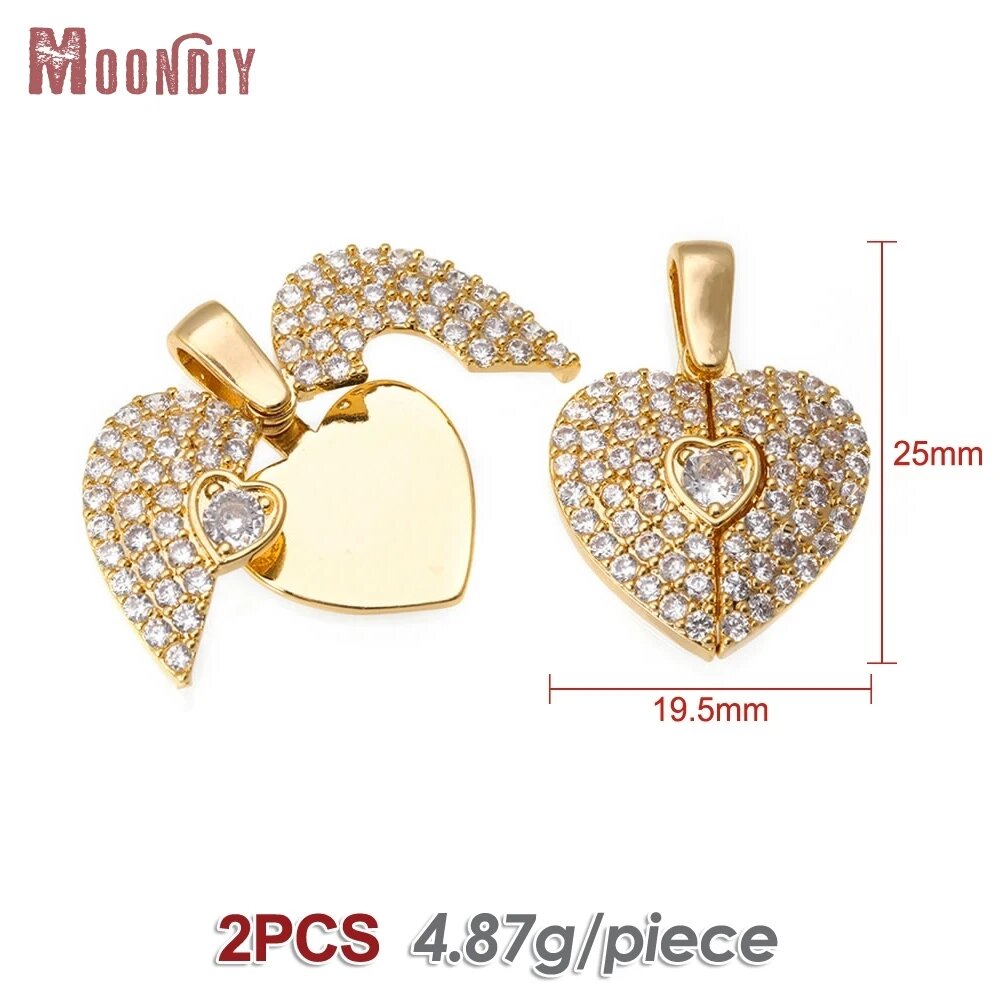 Подвески открывающиеся сердца из латуни и циркония 18к золота 2 шт