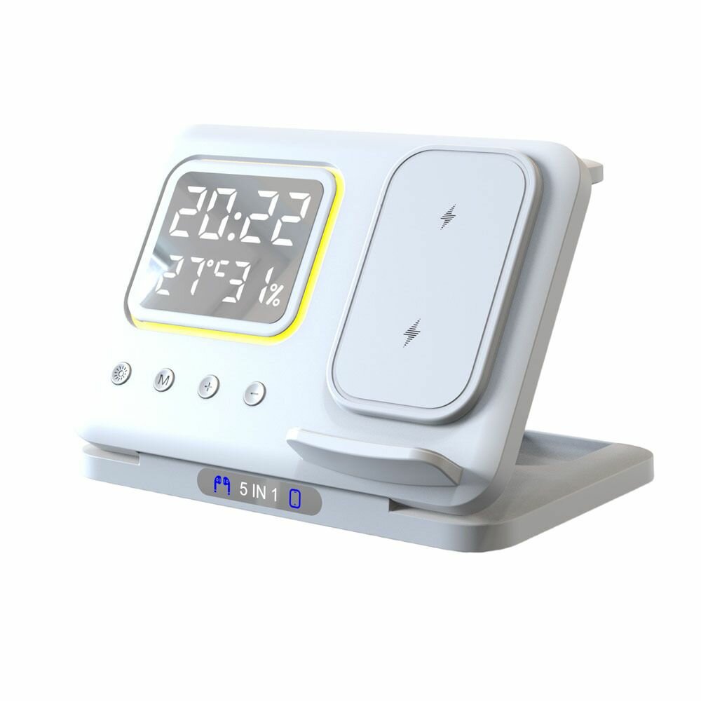 Многофункциональная беспроводная зарядная станция 5 в 1 с цифровыми часами, быстрой зарядкой 15 Вт и отображением температуры