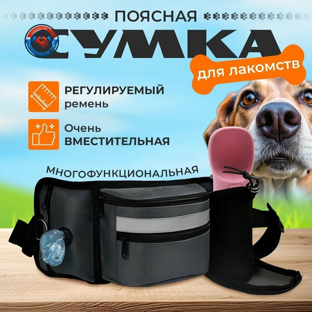 Поясная сумка для лакомств и корма, регулируемая сумочка для дрессировки собаки, удобный кошелёк для тренировок и прогулок с питомцем, светоотражающая полоса и крючок для поводка