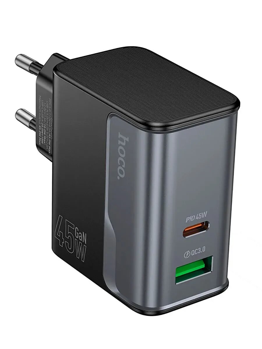 Сетевое зарядное устройство Hoco CS74A GaN PD45W + QC3.0 (Type-C + USB), черный (быстрая зарядка для iPhone, Android)