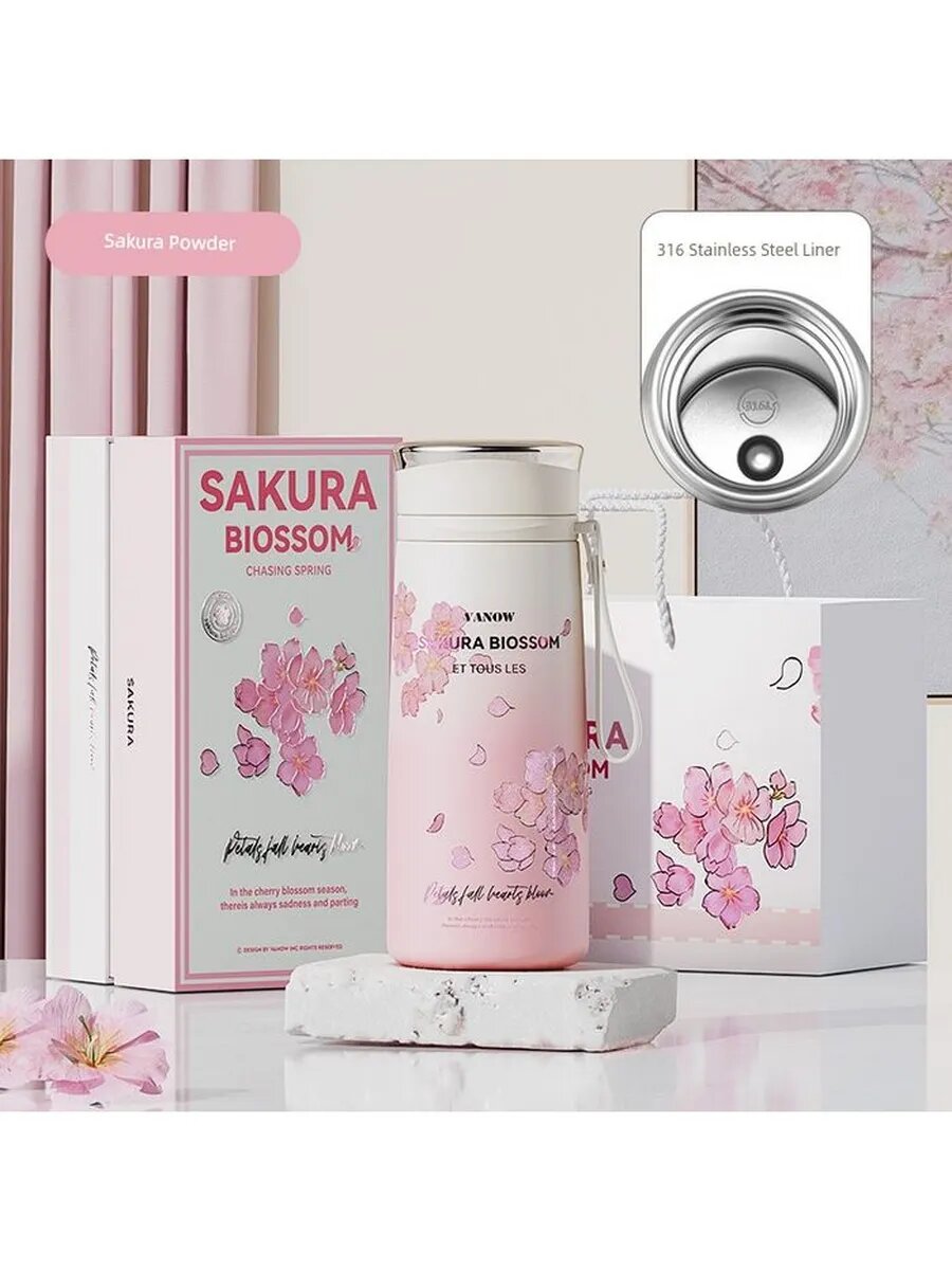 Термокружка Vanow Linglan - Вишневая роза, сталь 316