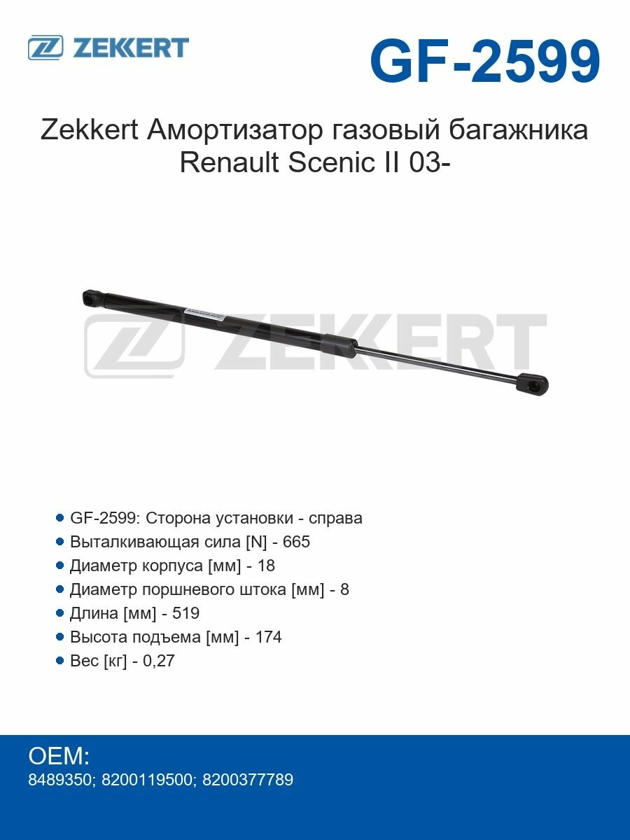 Zekkert Амортизатор газовый багажника Renault Scenic II 03-