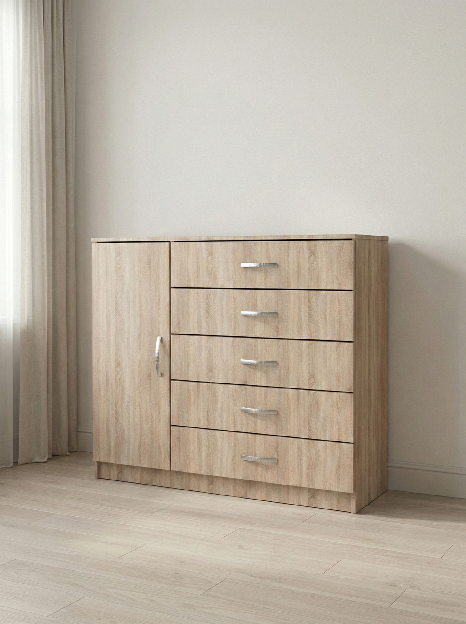 Комод Капри-8 с 5 ящиками и дверью, ШхГхВ: 121х43х101 см, дуб сонома
