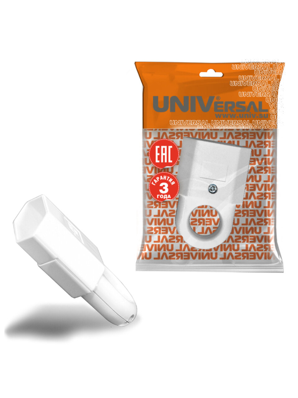 Штепсельное гнездо UNIVersal А104, 6 А, 250 В, белое, с ушком, еврослотом для удлинителей