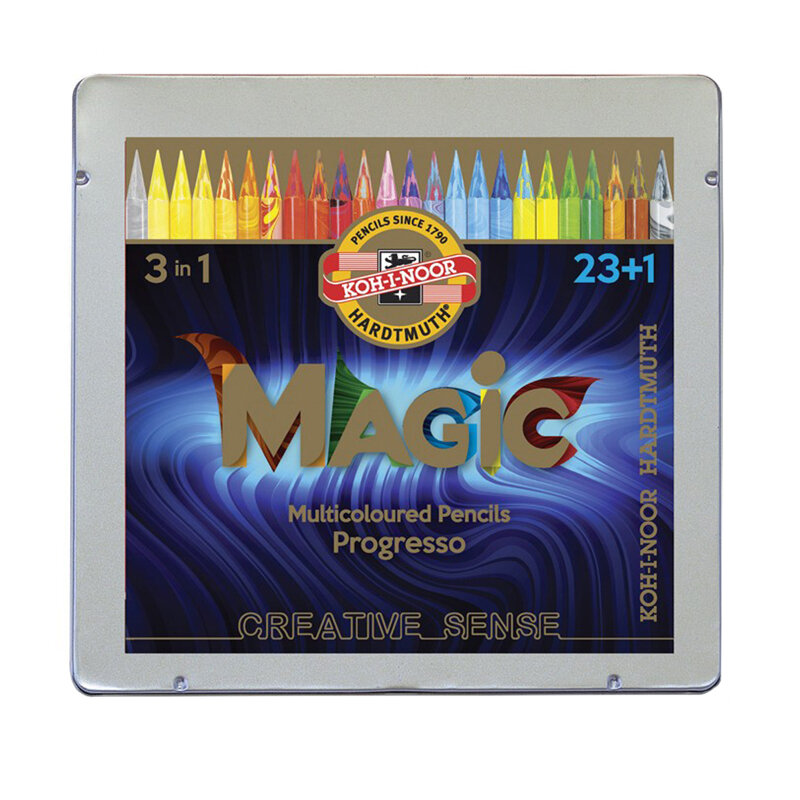 Карандаши с многоцветным грифелем цельнографитные Koh-I-Noor "Progresso Magic 8774", 23шт.+ карандаш-блендер, заточен, в лаке, металл. коробка