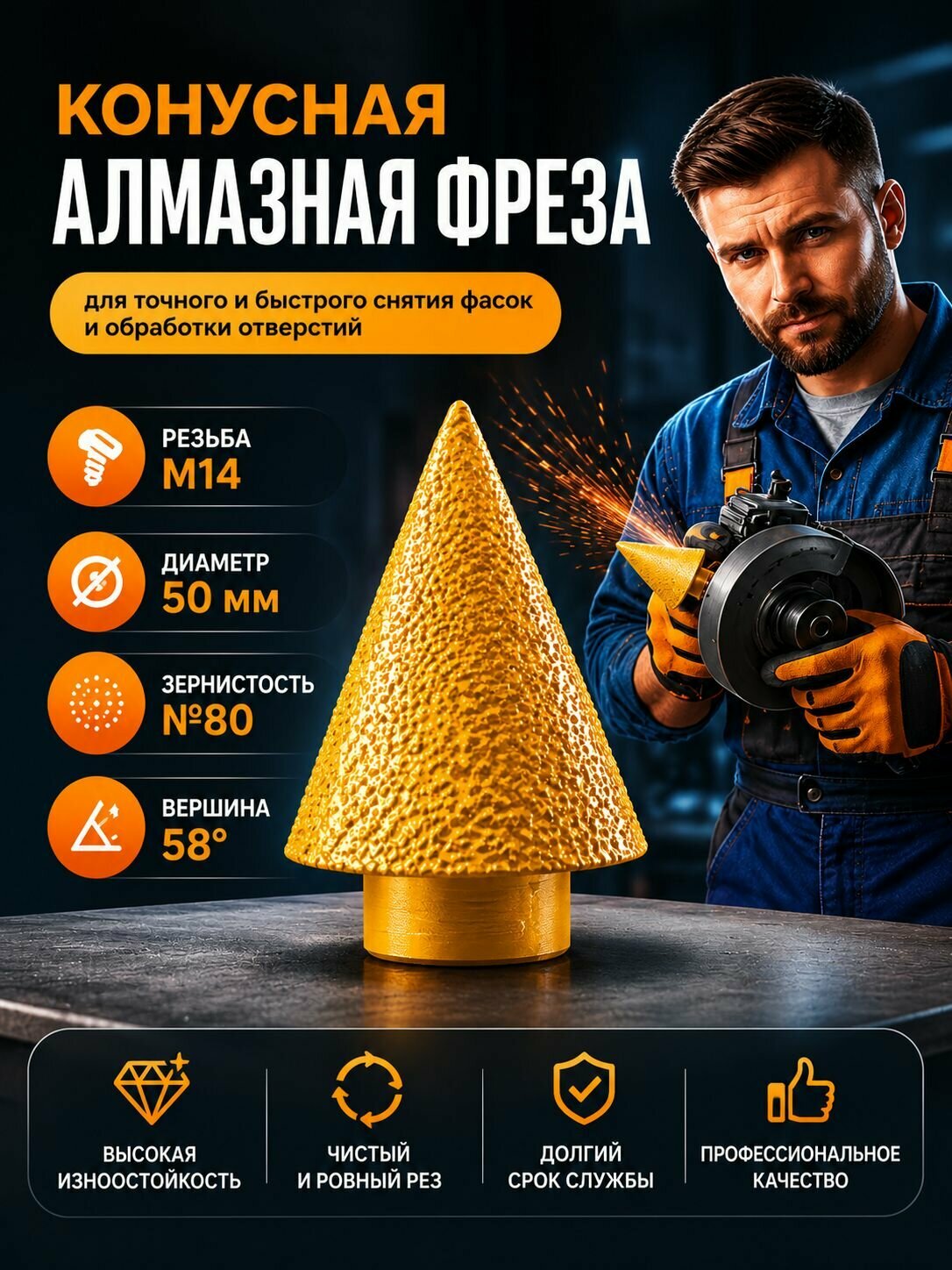 Фреза конусная алмазная 50 мм. Сверло алмазное для УШМ для плитки и керамогранита