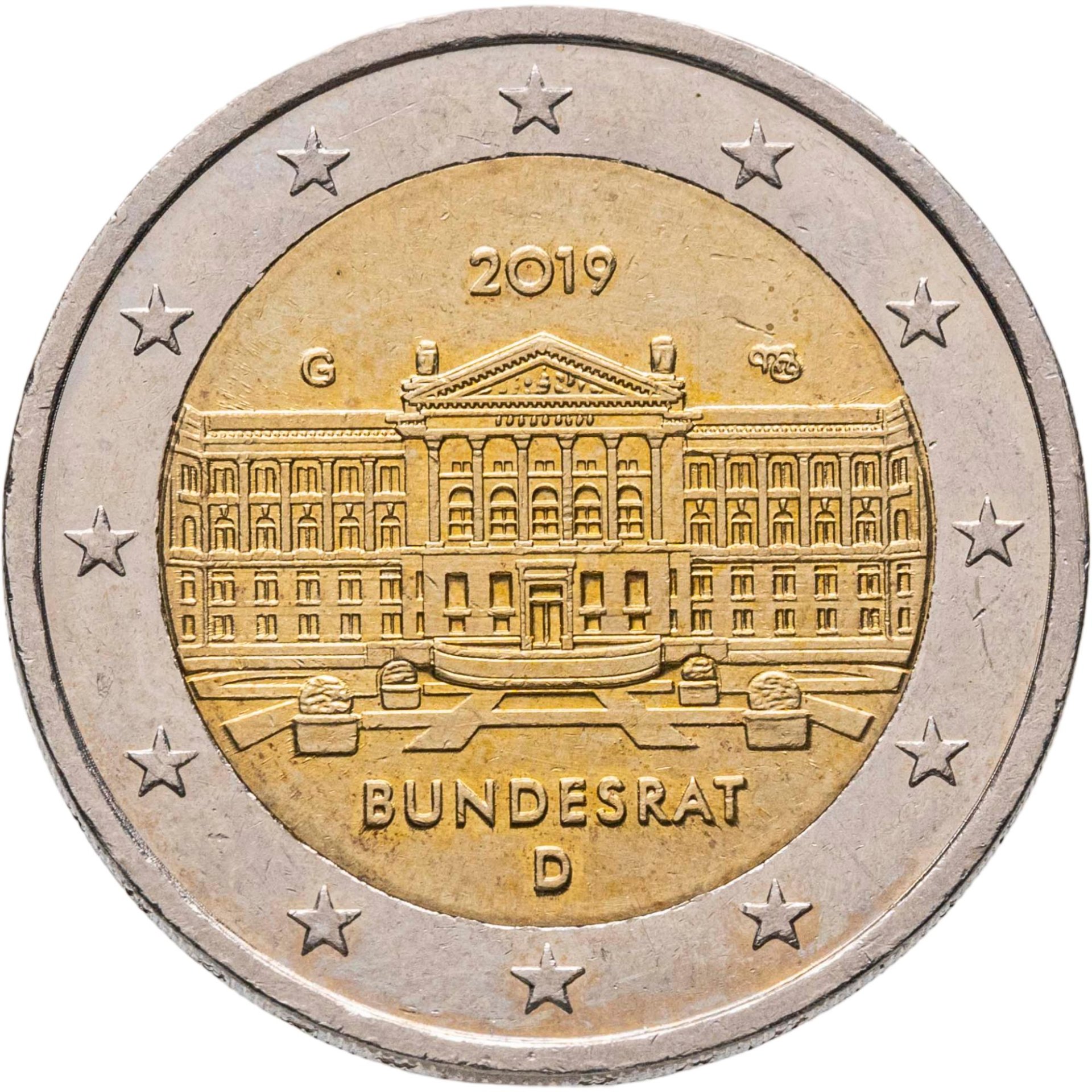 Германия 2 евро 2019 Бундесрат, Биметалл, в сохранности AU-UNC