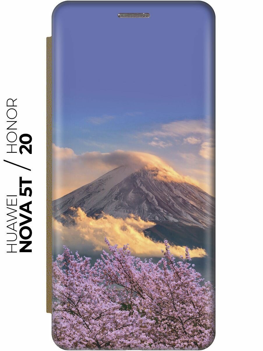 Чехол-книжка Сакура и горы на Honor 20 / Huawei Nova 5T / Хонор 20 / Хуавей Нова 5Т золотой